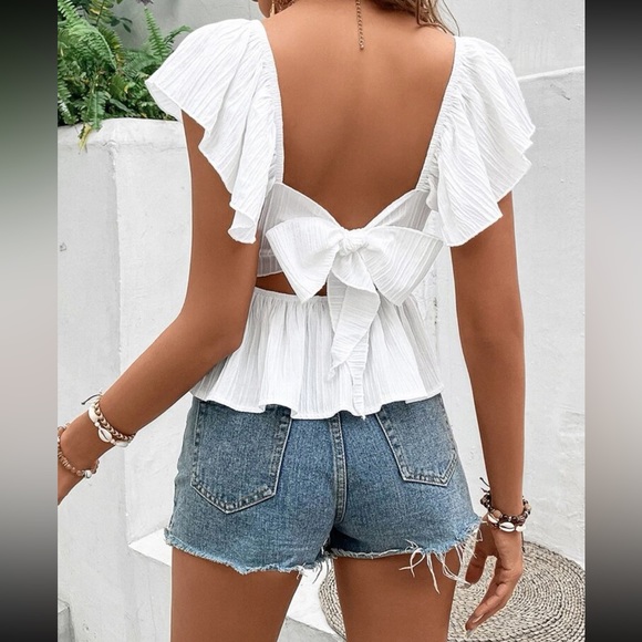 Tops | Boho Tie Back Ruffle Sleeve Peplum Blouse | Poshmark